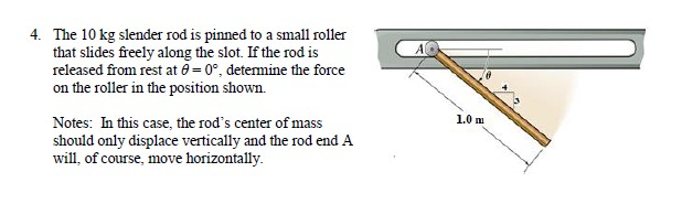 Solved 4· The 10 kg slender rod is pinned to a small roller | Chegg.com