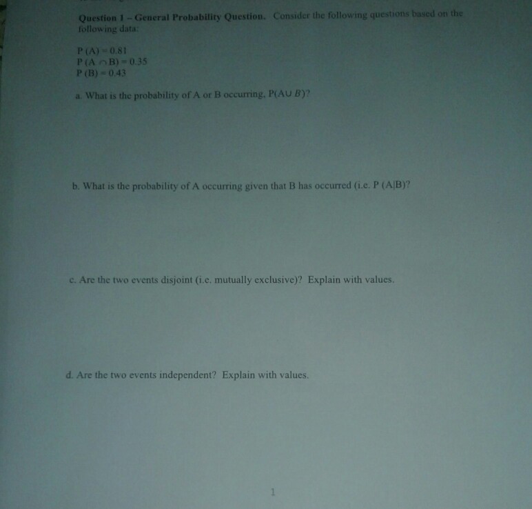 Solved Question 1-General Probability Question. Consider the | Chegg.com