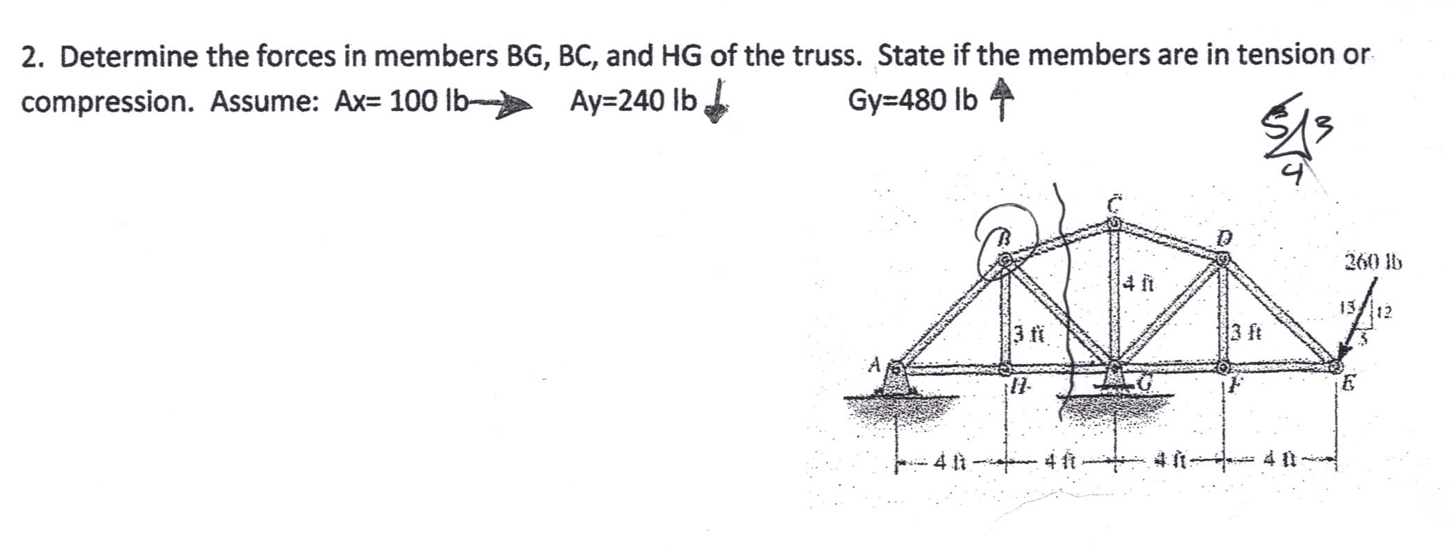 Solved Determine the forces in members BG, BC, and HG of the | Chegg.com