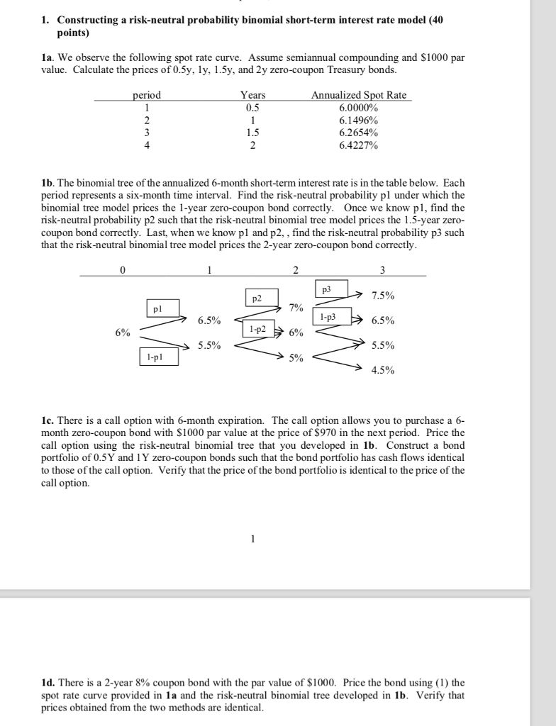Solved 1. Constructing a risk-neutral probability binomial | Chegg.com