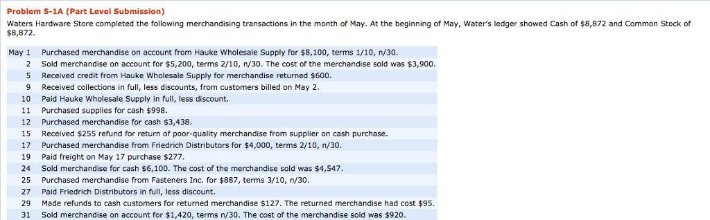 Solved Problem 5-1A (Part Level Submission) Waters Hardware | Chegg.com