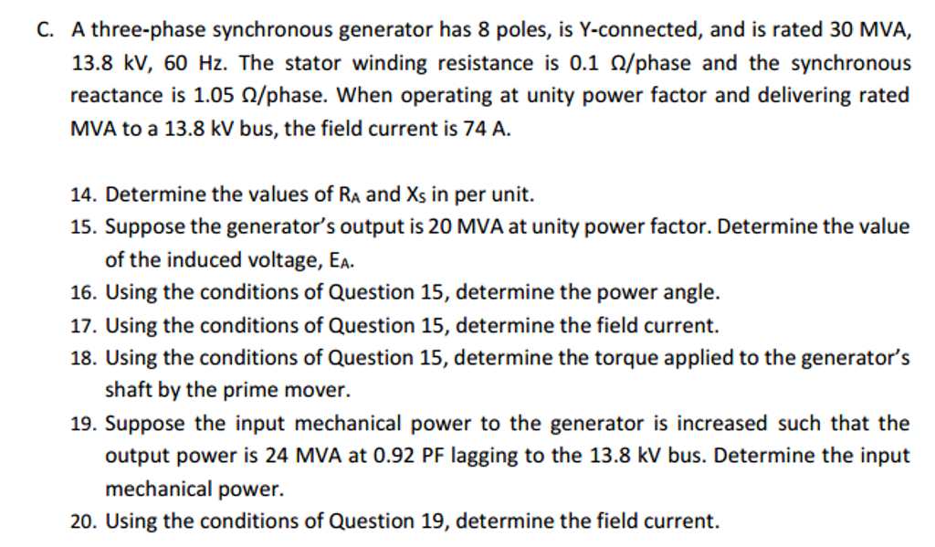 Solved C. A three-phase synchronous generator has 8 poles, | Chegg.com
