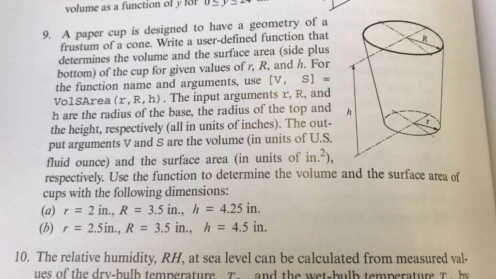 volume as a function of y for U 9. A paper cup is | Chegg.com