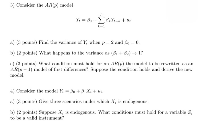 Consider the AR(p) model Y_t = beta_0 + sigma_k = | Chegg.com
