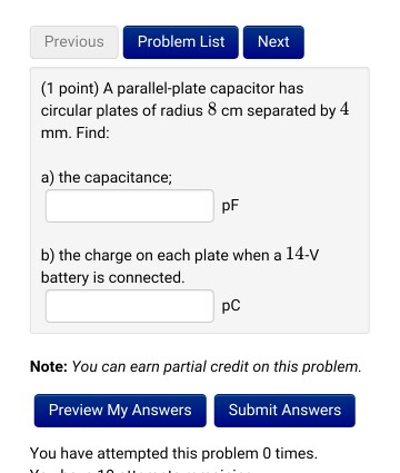 Solved A parallel -plate capacitor has circular plates of | Chegg.com