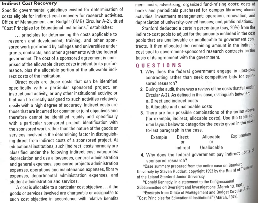 Solved STANFORD UNIVERSITY: Indirect-Cost Allocation, | Chegg.com