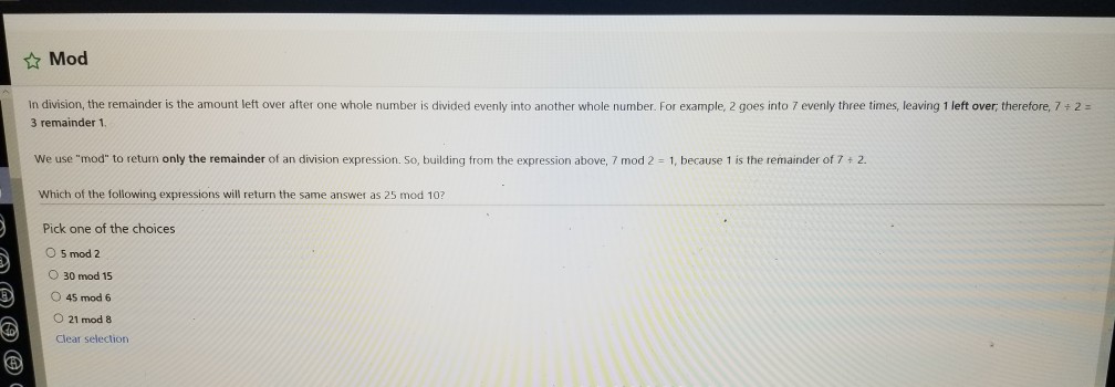 Solved ☆ Mod in division, the remainder is the amount left | Chegg.com