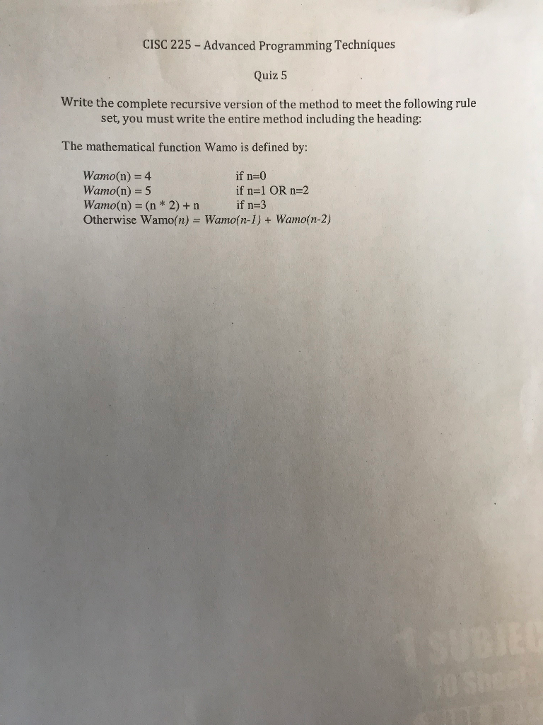 Solved CISC 225 - Advanced Programming Techniques Quiz 5 | Chegg.com