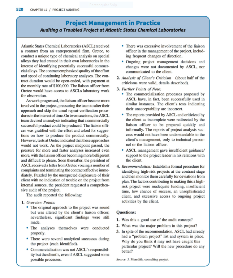 Solved 520 CHAPTER 12 / PROJECT AUDITING Project Management | Chegg.com
