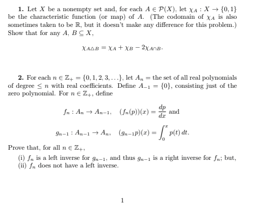 Solved 1. Let X be a nonempty set and, for each A e p(X), | Chegg.com