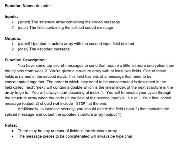 Solved Function Name: decoder Inputs: 1. (struct) The | Chegg.com
