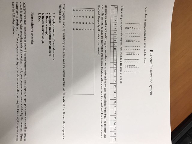 Solved Bus seats Reservation system A bus has 28 seats, | Chegg.com