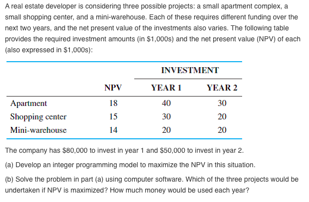 Solved A real estate developer is considering three possible | Chegg.com