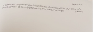 Solved A buffer was prepared by dissolving 0.100 mol of the | Chegg.com