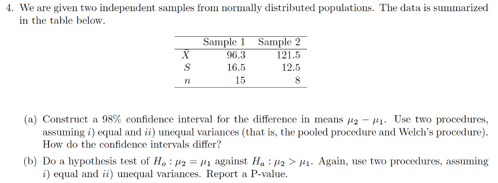 Solved 4. We are given two independent samples from normally | Chegg.com