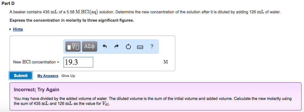 Solved Part D A beaker contains 435 mL of a 5.58 M HCl(aq) | Chegg.com