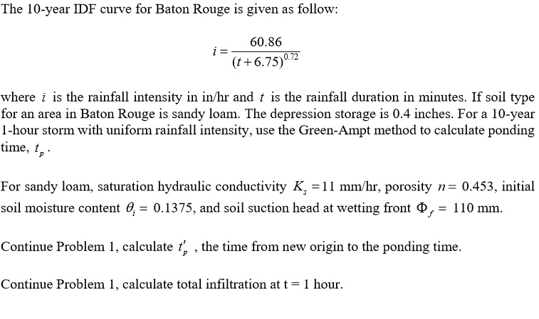 Solved The 10-year IDF curve for Baton Rouge is given as | Chegg.com