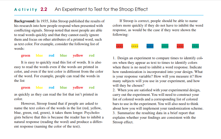 A ctivity 2.2 An Experiment to Test for the Stroop | Chegg.com