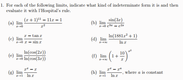 Solved 1. For each of the following limits, indicate what | Chegg.com