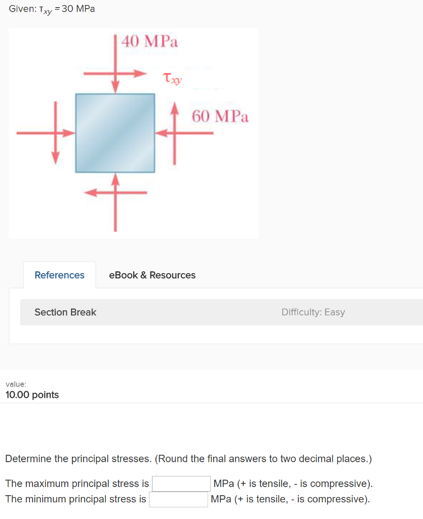 Solved Given: Txy30 MPa 40 MPa 60 MPa References eBook & | Chegg.com