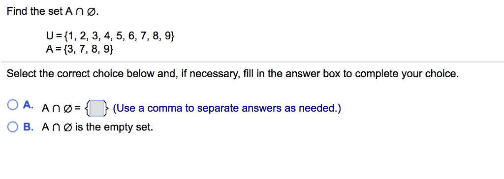 Solved Find the set A phi. U = {1, 2, 3, 4, 5, 6, 7, 8, 9} | Chegg.com