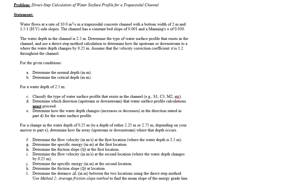 Solved Direct-Step Calculation of Water Surface Profile for | Chegg.com