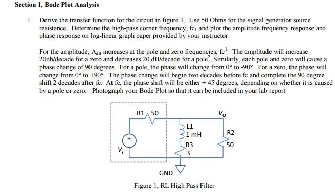 Solved Section 1, Bode Plot Analysis l. Derive the transfer | Chegg.com