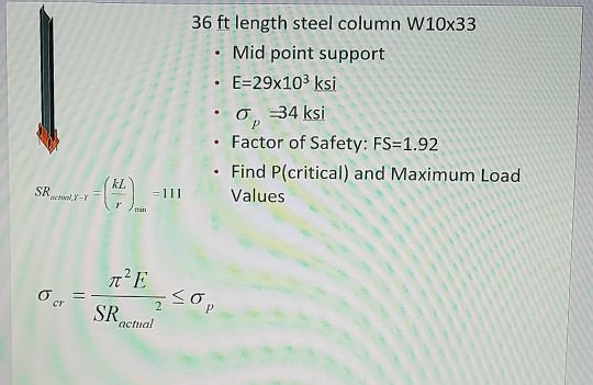 Solved 36 ft length steel column W10x33 Mid point support | Chegg.com