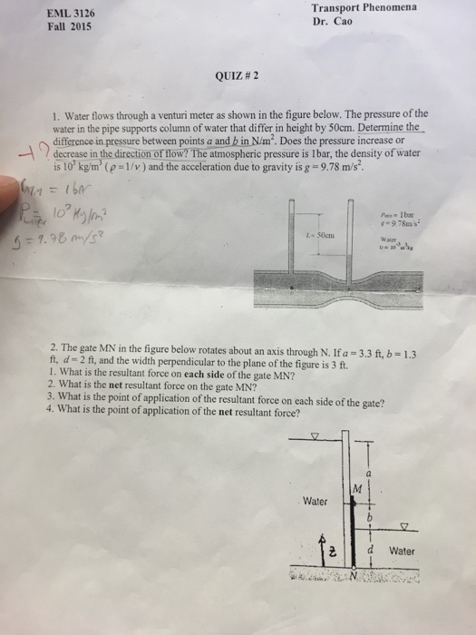 Solved Water flows through a venturi meter as shown in the | Chegg.com