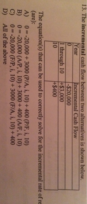 Solved The incremental cash flow between two alternatives is | Chegg.com