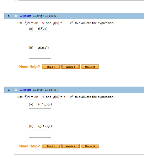 Solved 5. 12 points SColAlg7 2.7.028.MI Use f(x) = 3x-5 and | Chegg.com