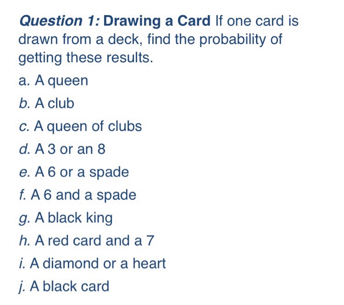 Solved Drawing a Card If one card is drawn from a deck, find | Chegg.com
