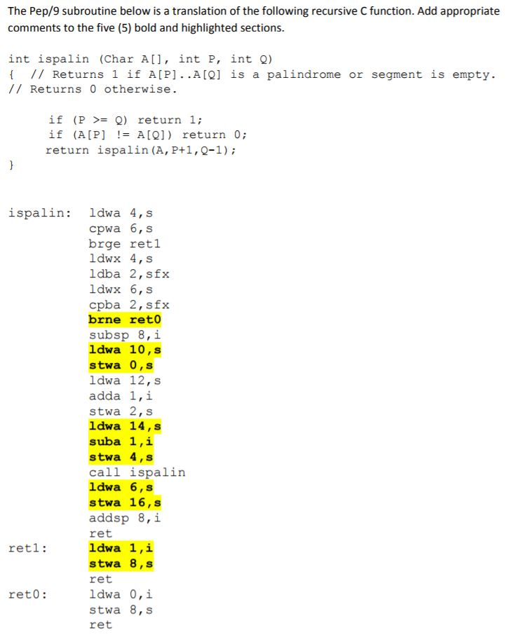 The Pep/9 subroutine below is a translation of the | Chegg.com