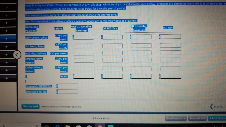 Solved manda Autry and Carley Wilson are partners in A & W | Chegg.com