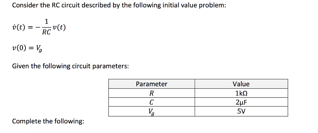 Consider the RC circuit described by the following | Chegg.com Consider the RC circuit described by the following | Chegg.com