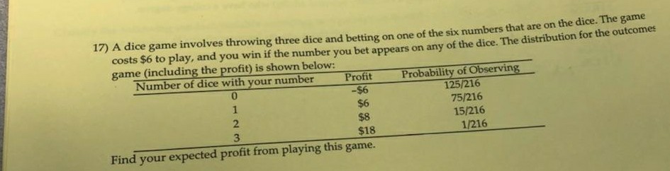Solved 17) A dice game involves throwing three dice and | Chegg.com