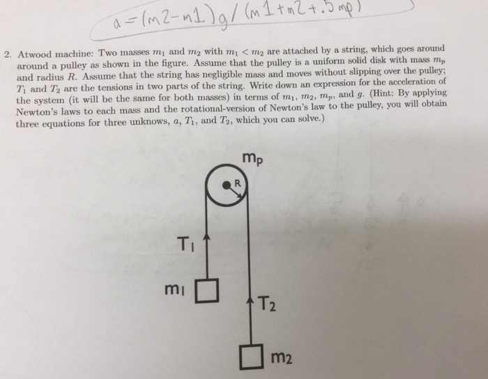Solved 2. Atwood machine: Two masses m1 and m2 with m1