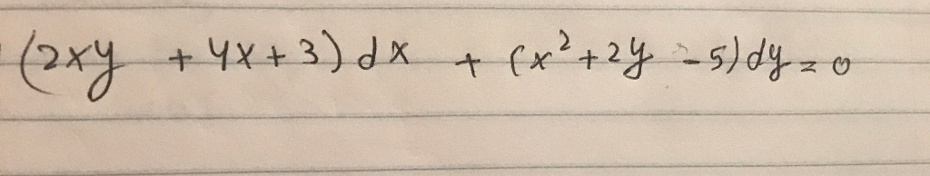 Solved Exact diff eqn question (2xy + 4x + 3) dx + (x^2 + | Chegg.com