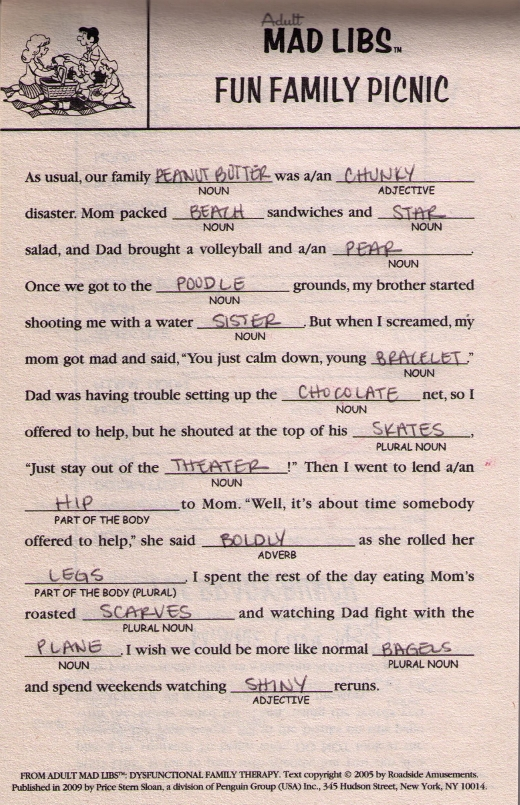 Solved Aduit MAD LIBS. FUN FAMILY PICNIC As usual, our | Chegg.com