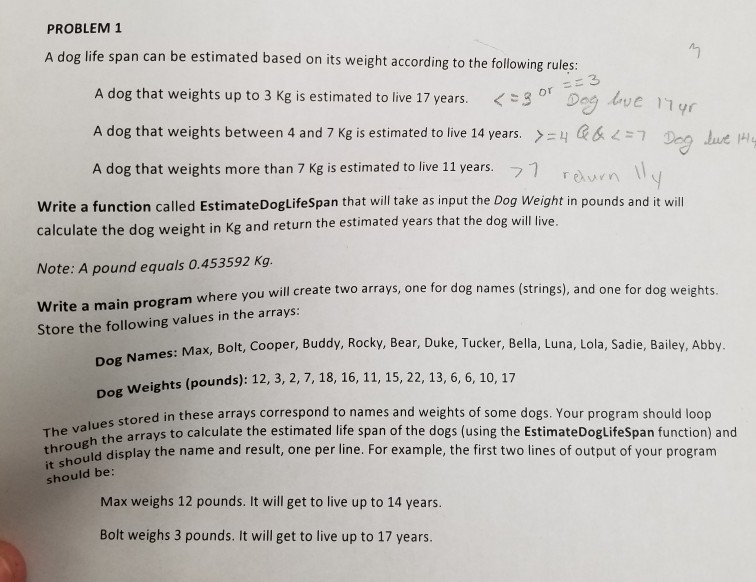 Solved PROBLEM 1 A dog life span can be estimated based on | Chegg.com