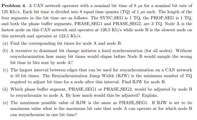 Problem 4, A CAN network operates with a nominal bit | Chegg.com
