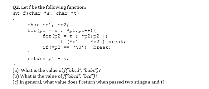Solved Q2. Let fbe the following function: int f (char *s, | Chegg.com