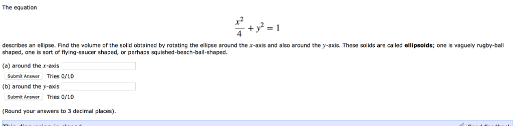 Solved The equation y describes an ellipse. Find the volume | Chegg.com