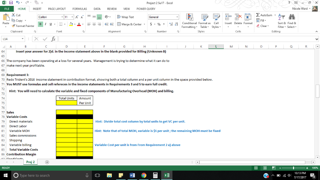 Solved 牢日り、さ、扇; Project 2 Su17- Excel FILE HOME INSERT PAGE | Chegg.com