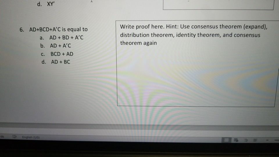 Solved d. XY Write proof here. Hint: Use consensus theorem | Chegg.com