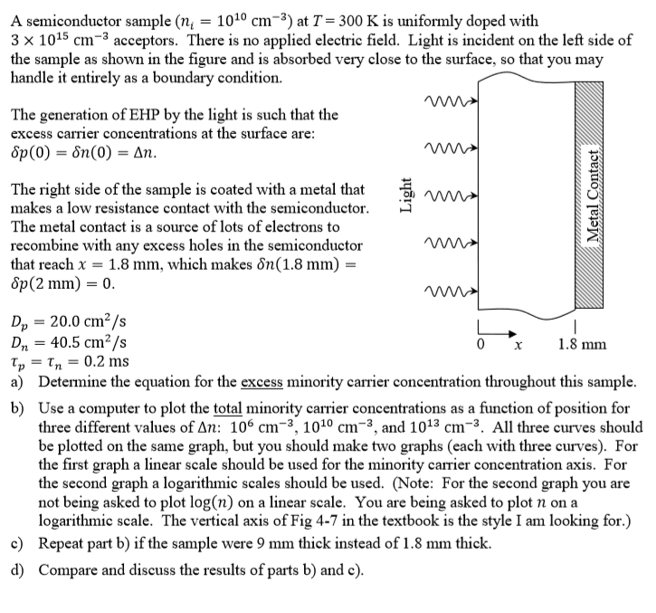Solved A semiconductor sample (n 1010 cm-3) at T 300 K is | Chegg.com
