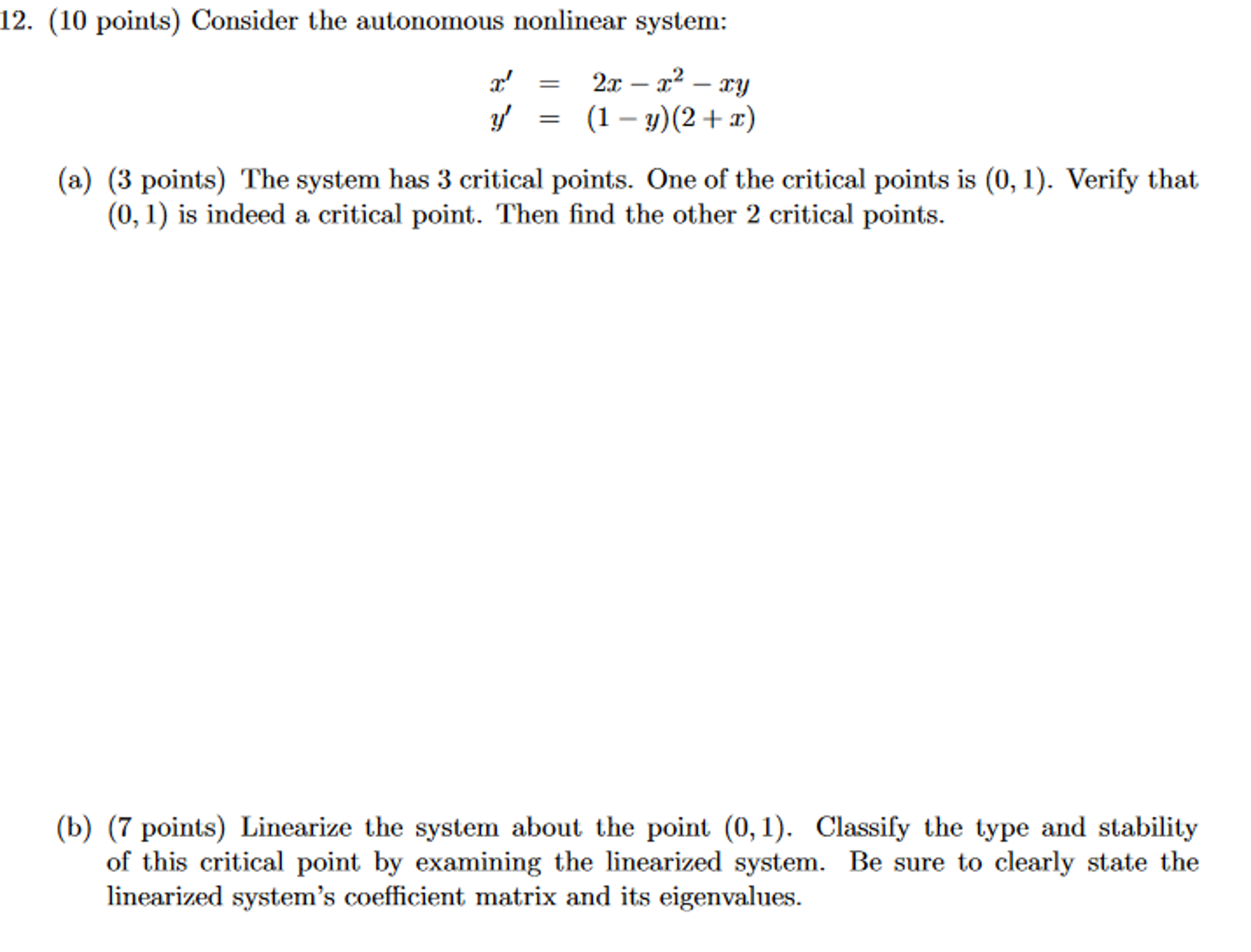 Solved Consider the autonomous nonlinear system: x' = 2x - | Chegg.com
