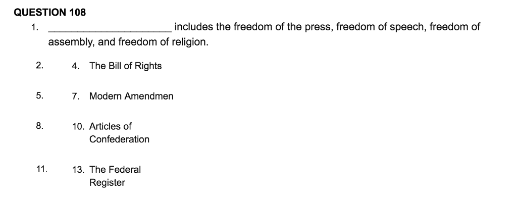 Solved QUESTION 108 1. includes the freedom of the press, | Chegg.com