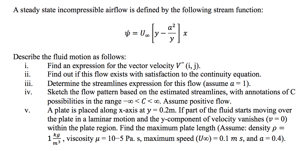 Solved A steady state incompressible airflow is defined by | Chegg.com