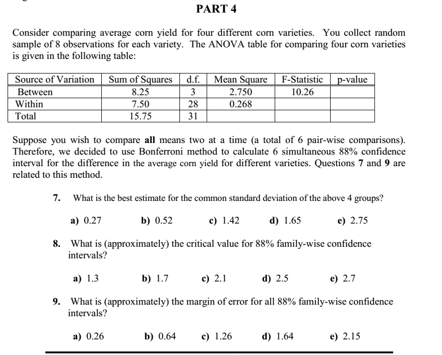 Solved PART 4 Consider comparing average corn yield for four | Chegg.com
